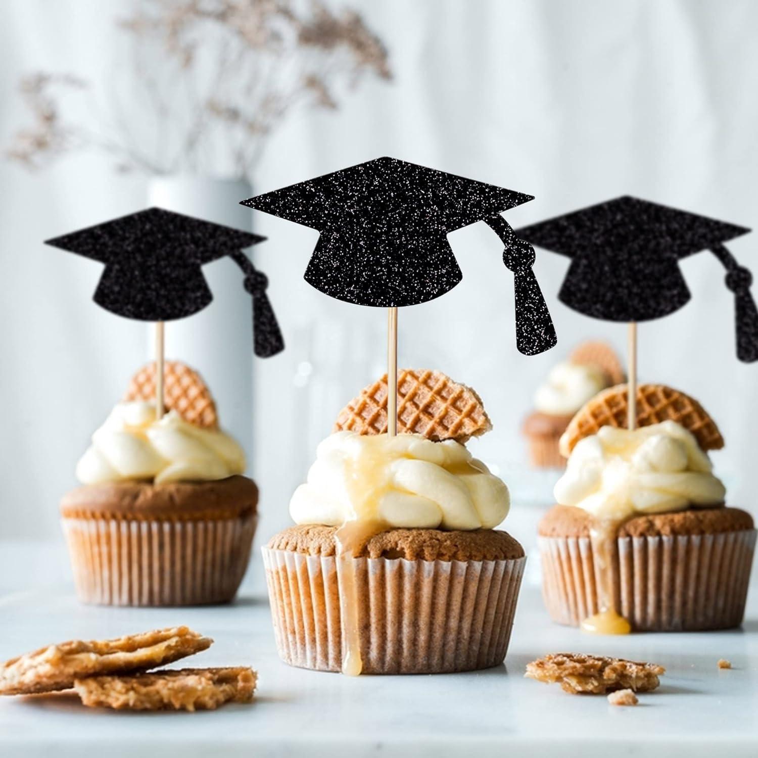 Leetaivie 24pcs Graduation Cupcake Topper - Black Glitter Graduation ...