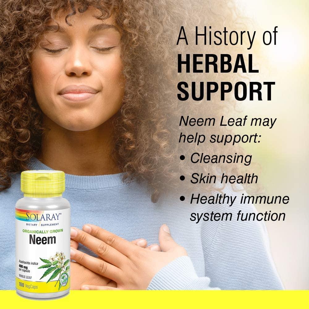 Solaray Neem 400 mg - Organic Neem Capsules | 100 VegCaps for Natural ...