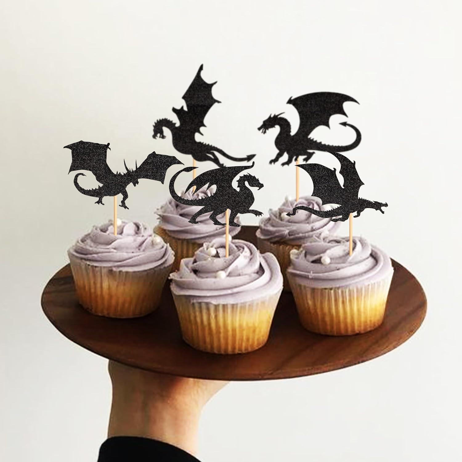 25PCS Dragon Cupcake Toppers Glitter Fantasy Birthday Cupcake Flying ...