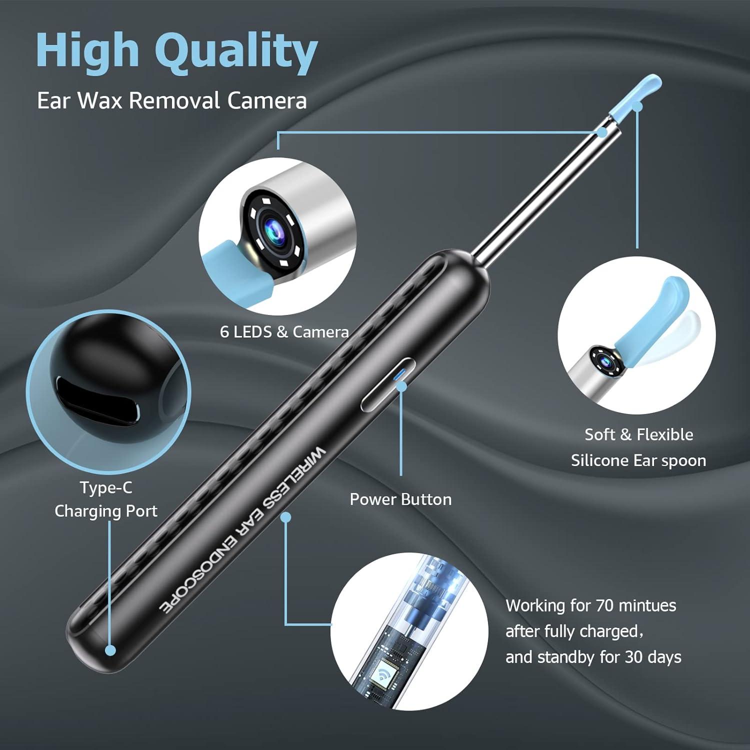 Wireless Ear Wax Removal Otoscope with 6 LED Lights - 1080P Camera for ...