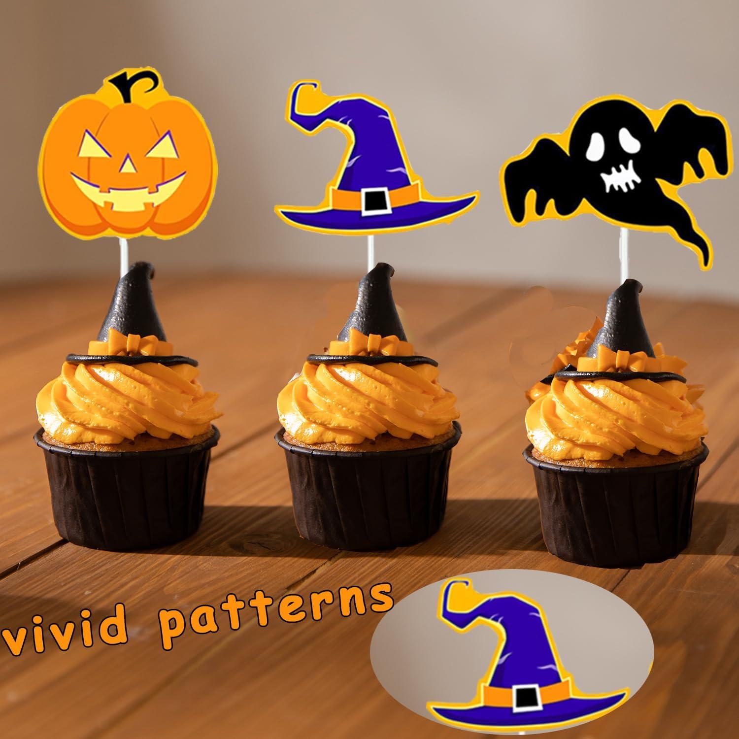 iUgeeo 24 pcs Halloween Cupcake Toppers Pumpkin Ghost Skeleton Witch ...