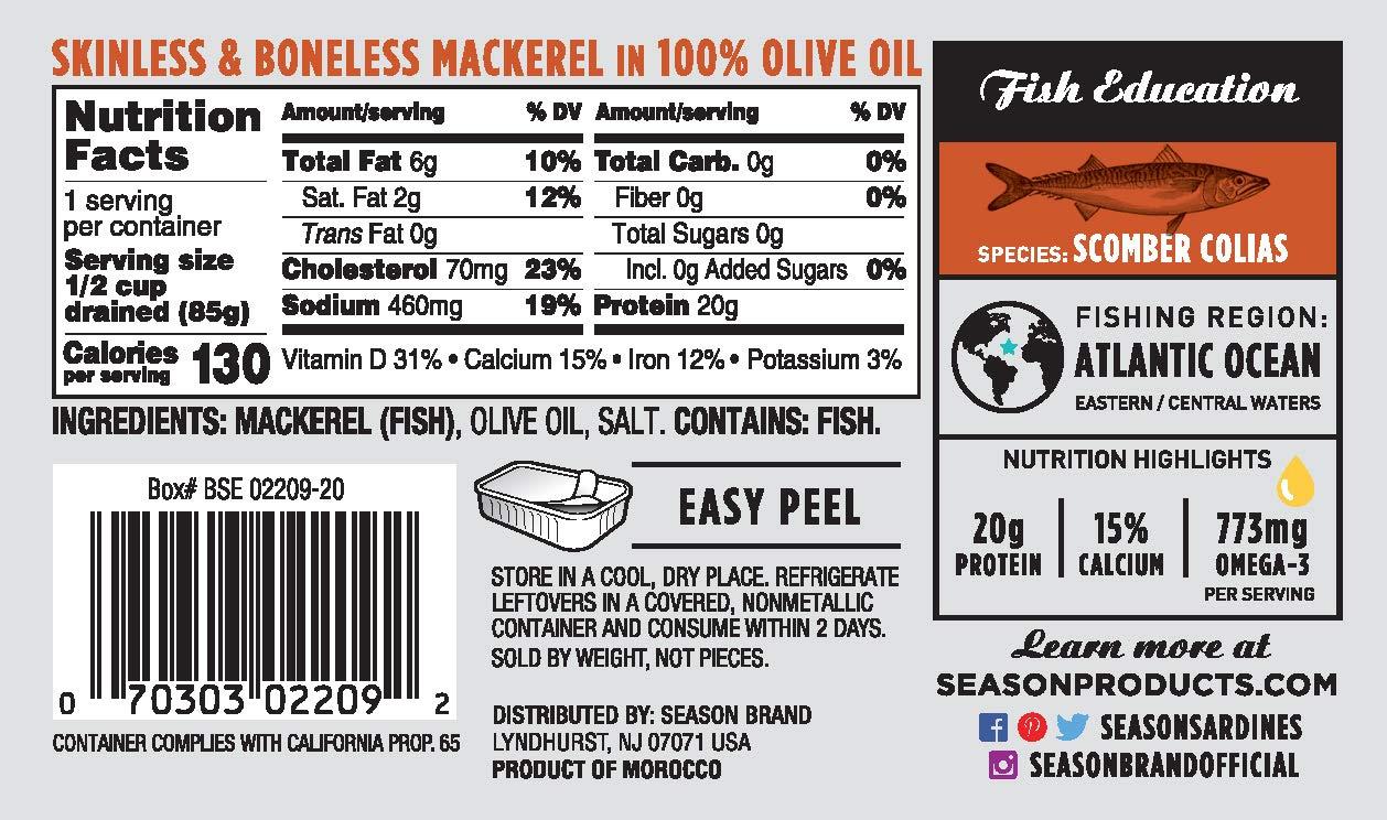 Season Skinless Boneless Mackerel Fillets in Olive Oil - 4.375oz Tins ...