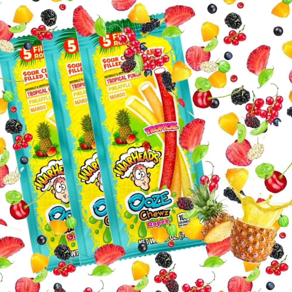3 X Warheads Tropical Ooze Chewz Ropes Sweet And Sour Chewy Candy With Soft Center Assorted