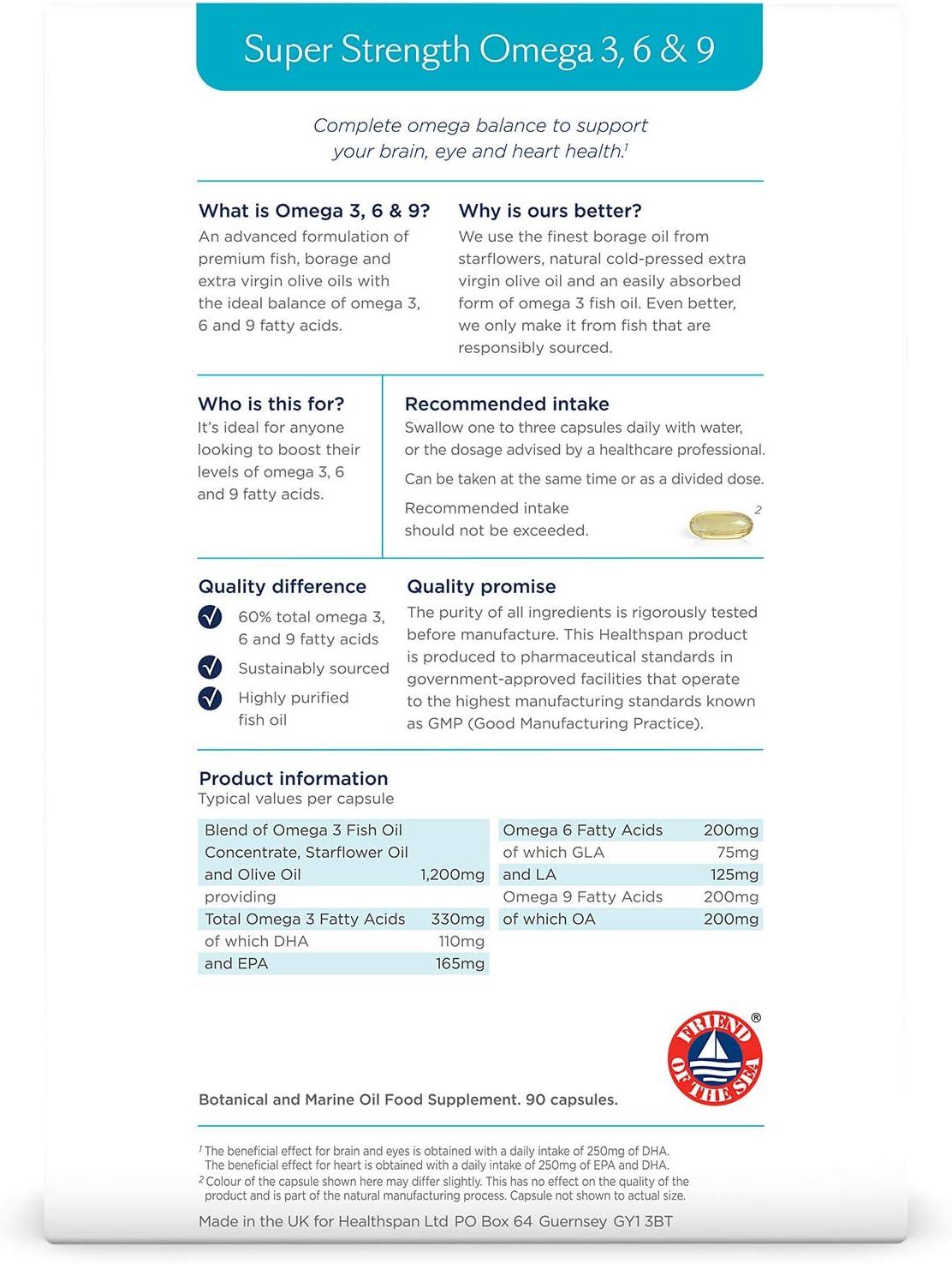 Healthspan Super Strength Omega 3 6 & 9 1200mg (90 Capsules) | Brain ...