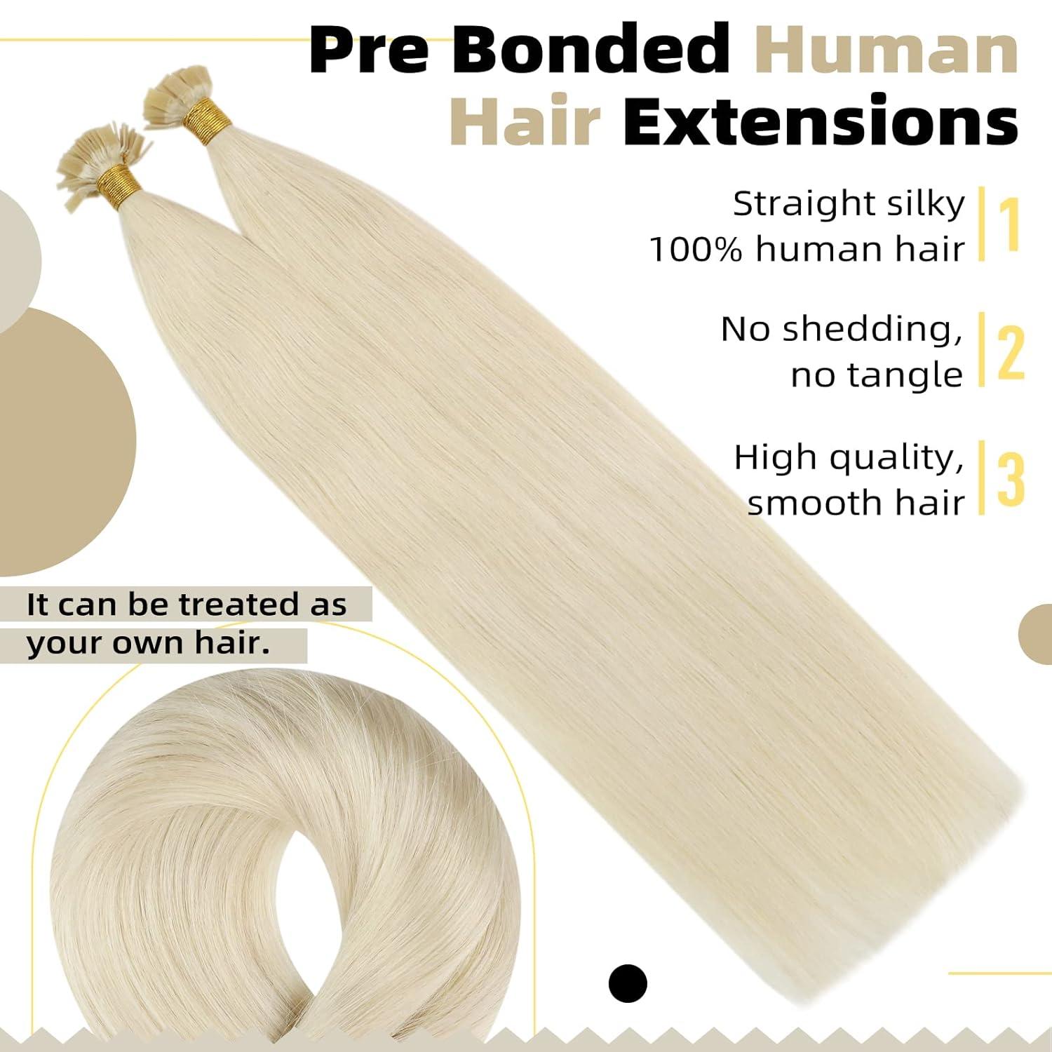 Ugeat 40cm Platinum Blonde Flat Tip Keratin Hair Extensions - Real Hair ...