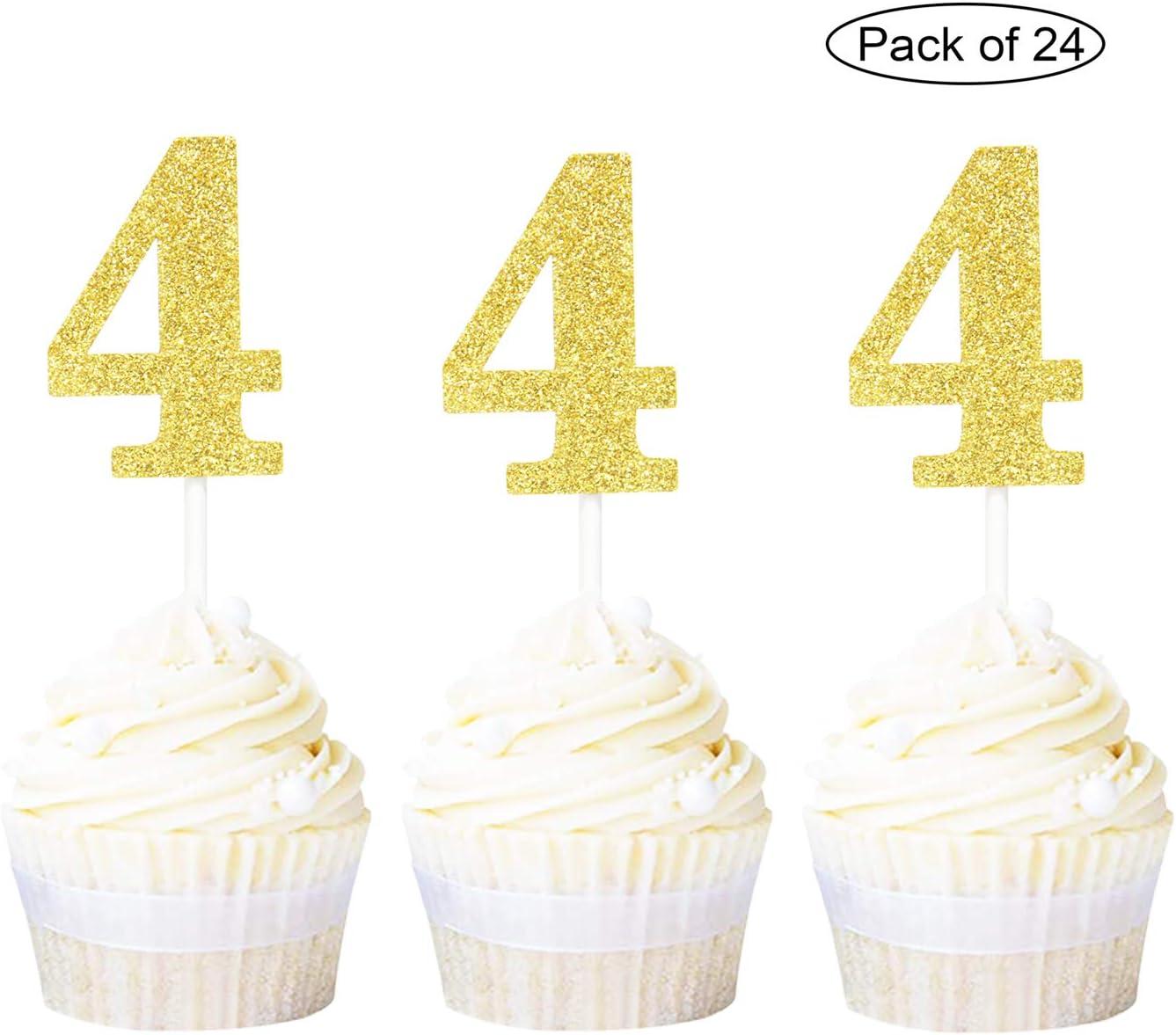Newqueen 24 Pieces Glitter Number 4 Cupcake Toppers Gold Age Four Cake ...