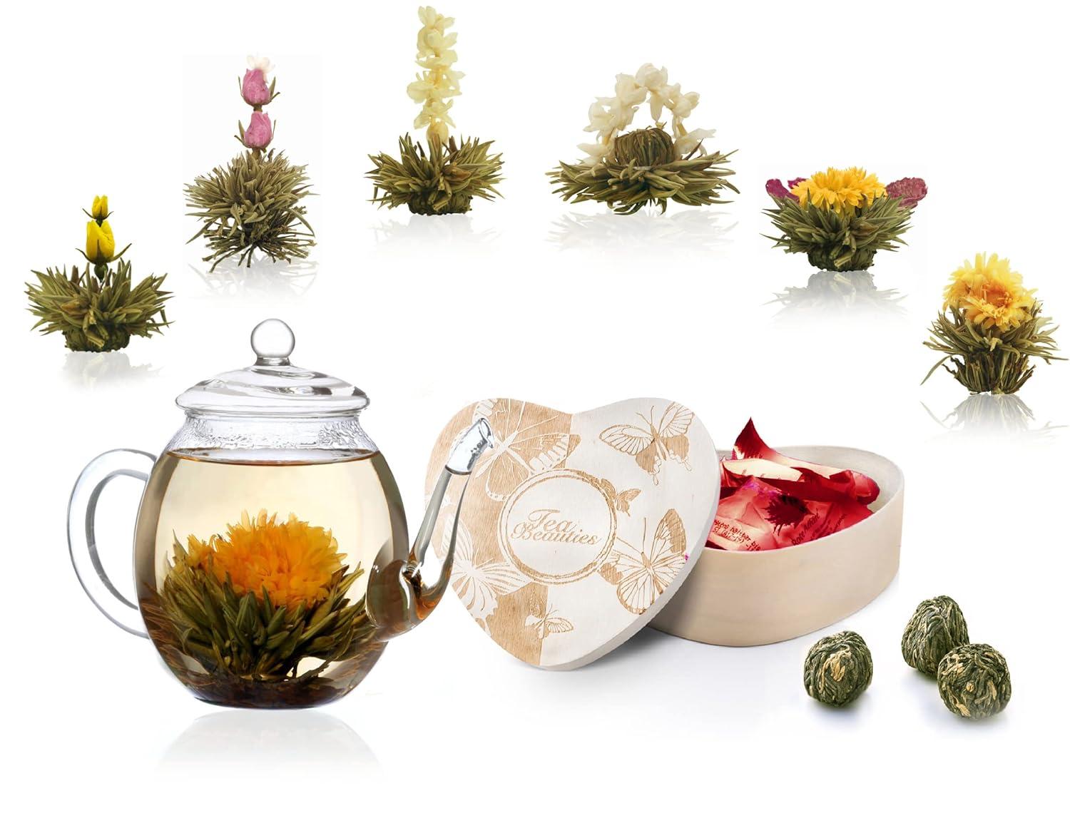 Creano Heart-Shaped Gift Set: 6 Types of White Tea + 500ml Glass Teapot ...