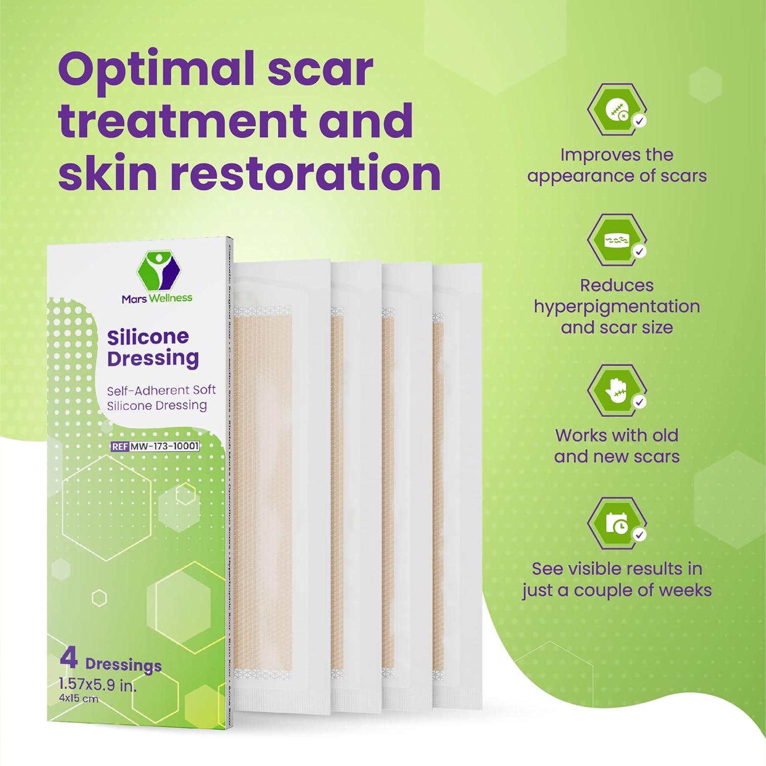 Mars Wellness Silicone Scar Sheet - 4 Strips, Self-Adherent Dressing ...