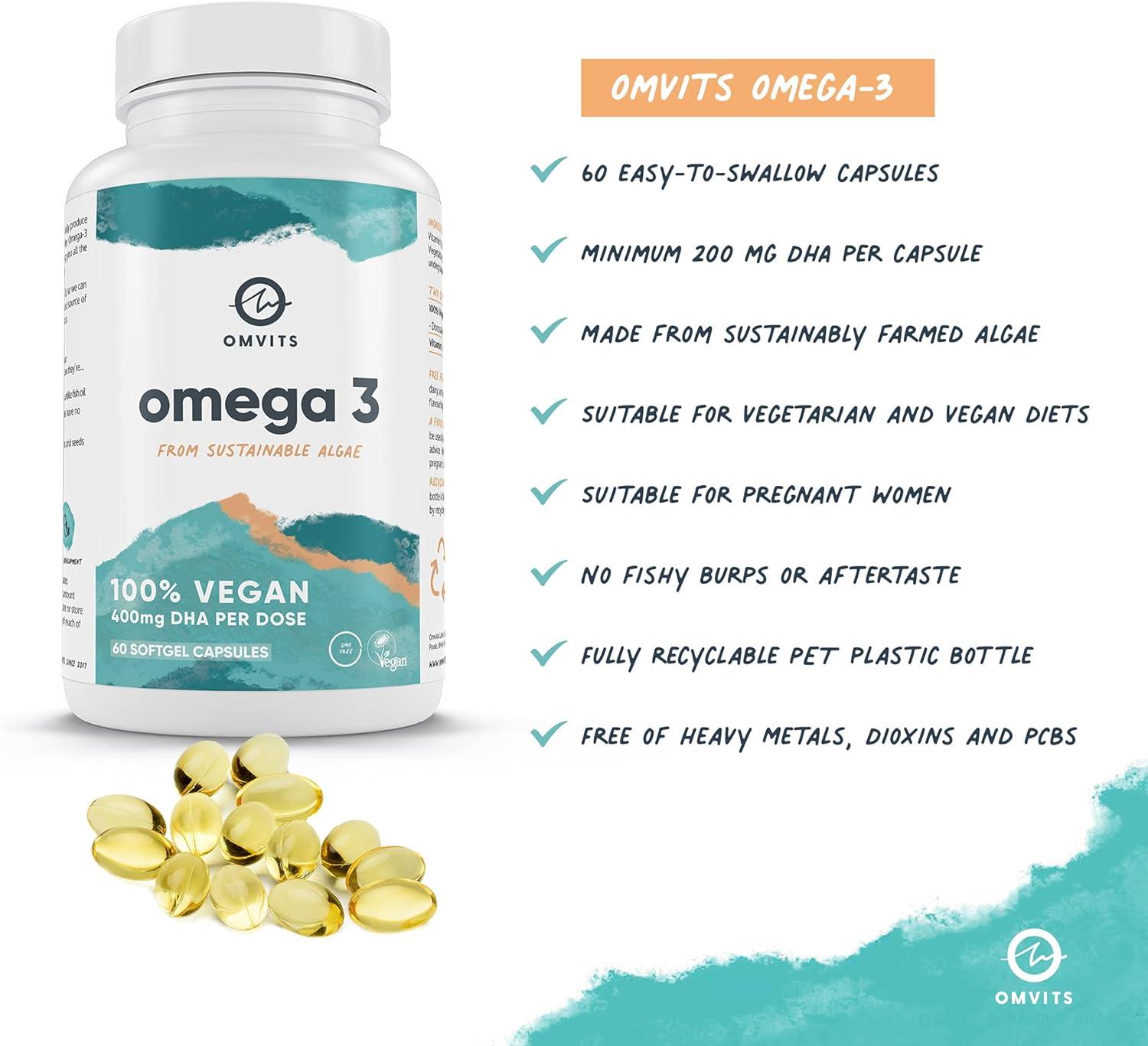 Omvits Vegan Omega 3 DHA Algae Oil Capsules 1000mg | 60 Softgels with ...