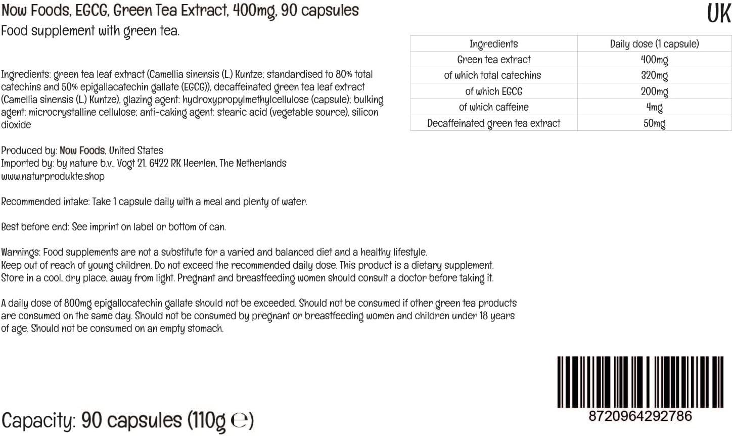 NOW Foods EGCG Green Tea Extract 400mg - 90 Vegan Capsules | Lab-Tested ...