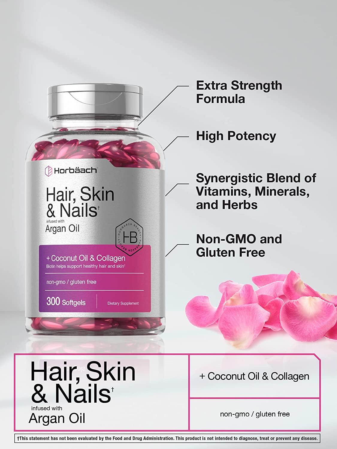 Hair Skin and Nails Vitamins with Biotin, Collagen, Argan Oil & Coconut ...