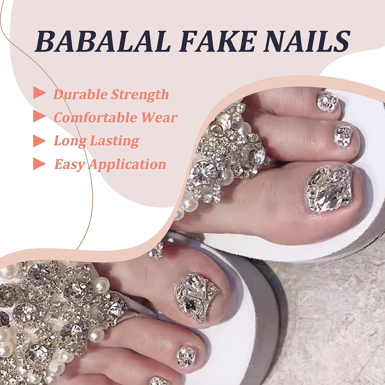 24pcs Silver Glitter Acrylic Fake Toenails Set with Diamond Designs ...