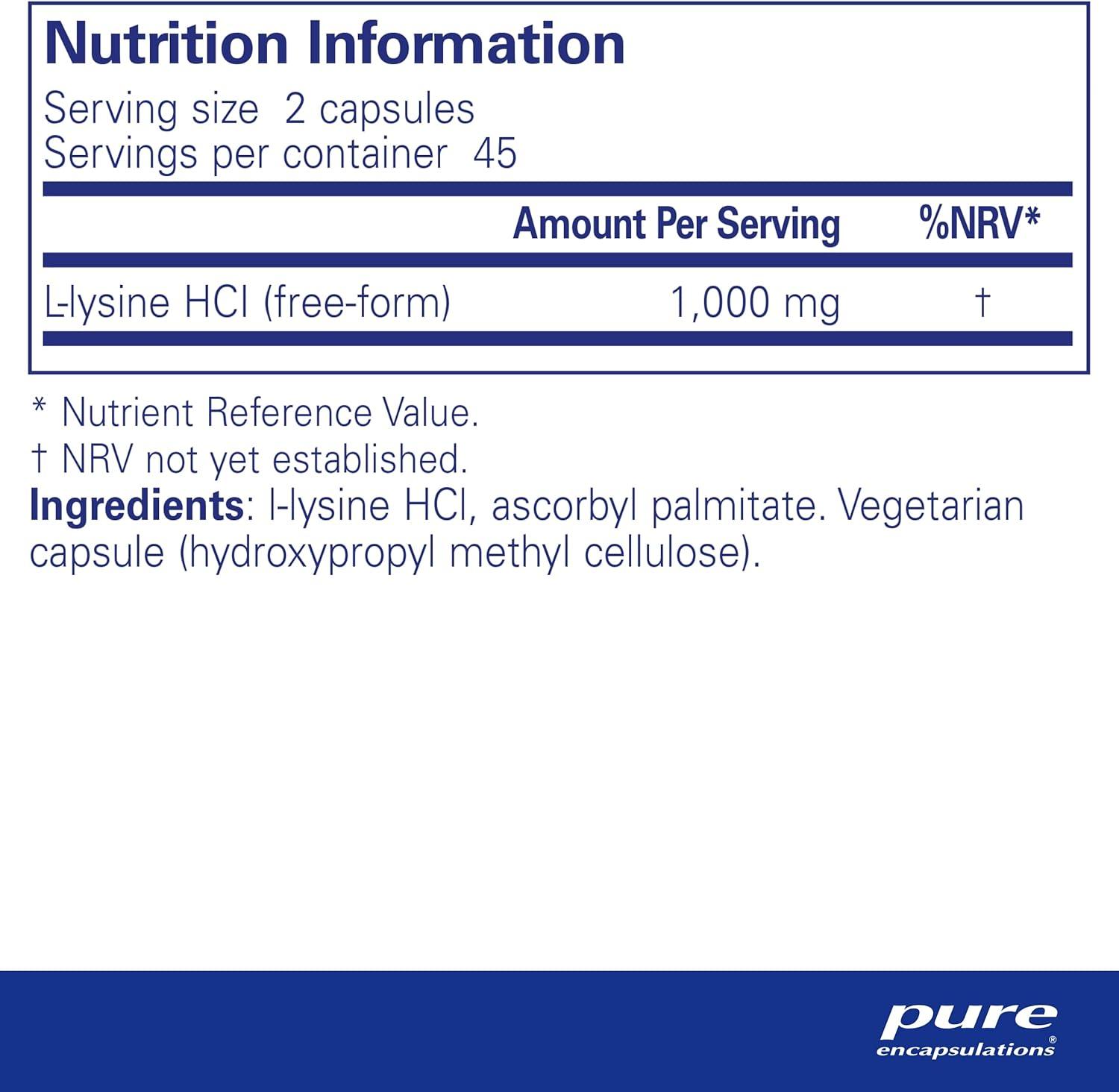 Pure Encapsulations L-Lysine 500mg Capsules - Hypoallergenic Essential ...