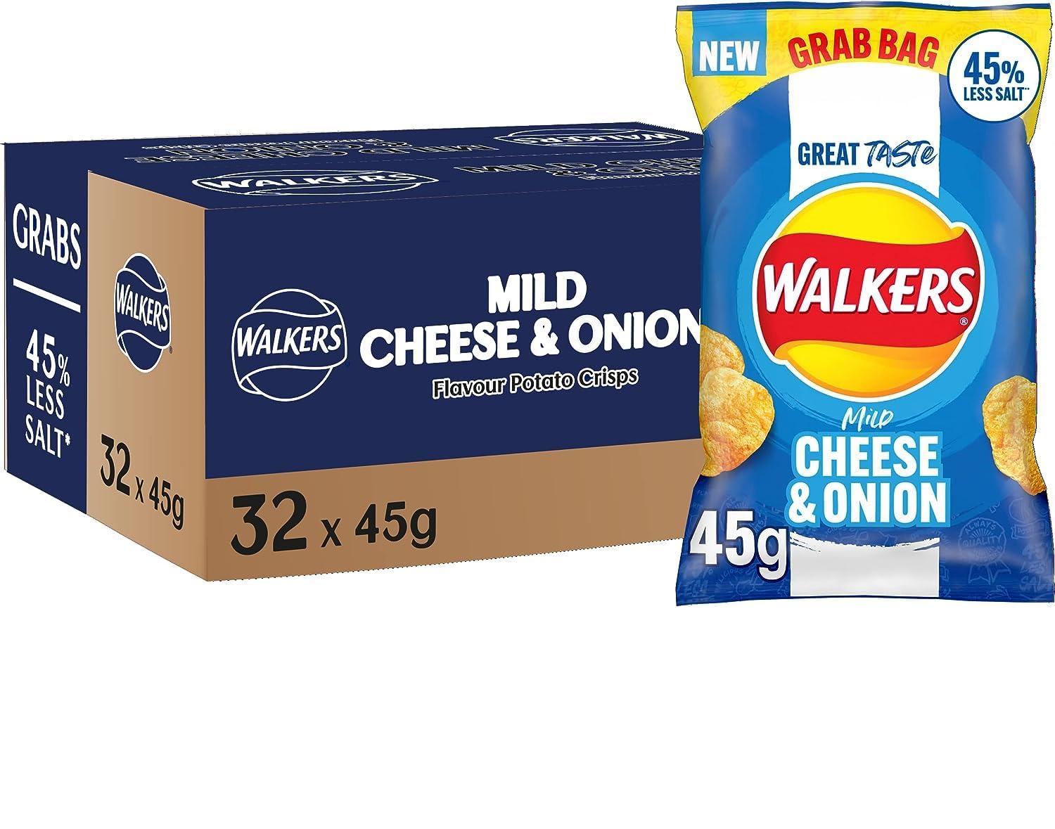 Walkers Less Salt Grab Mild Cheese & Onion Crisps 45g (96 Bags) | Buy ...