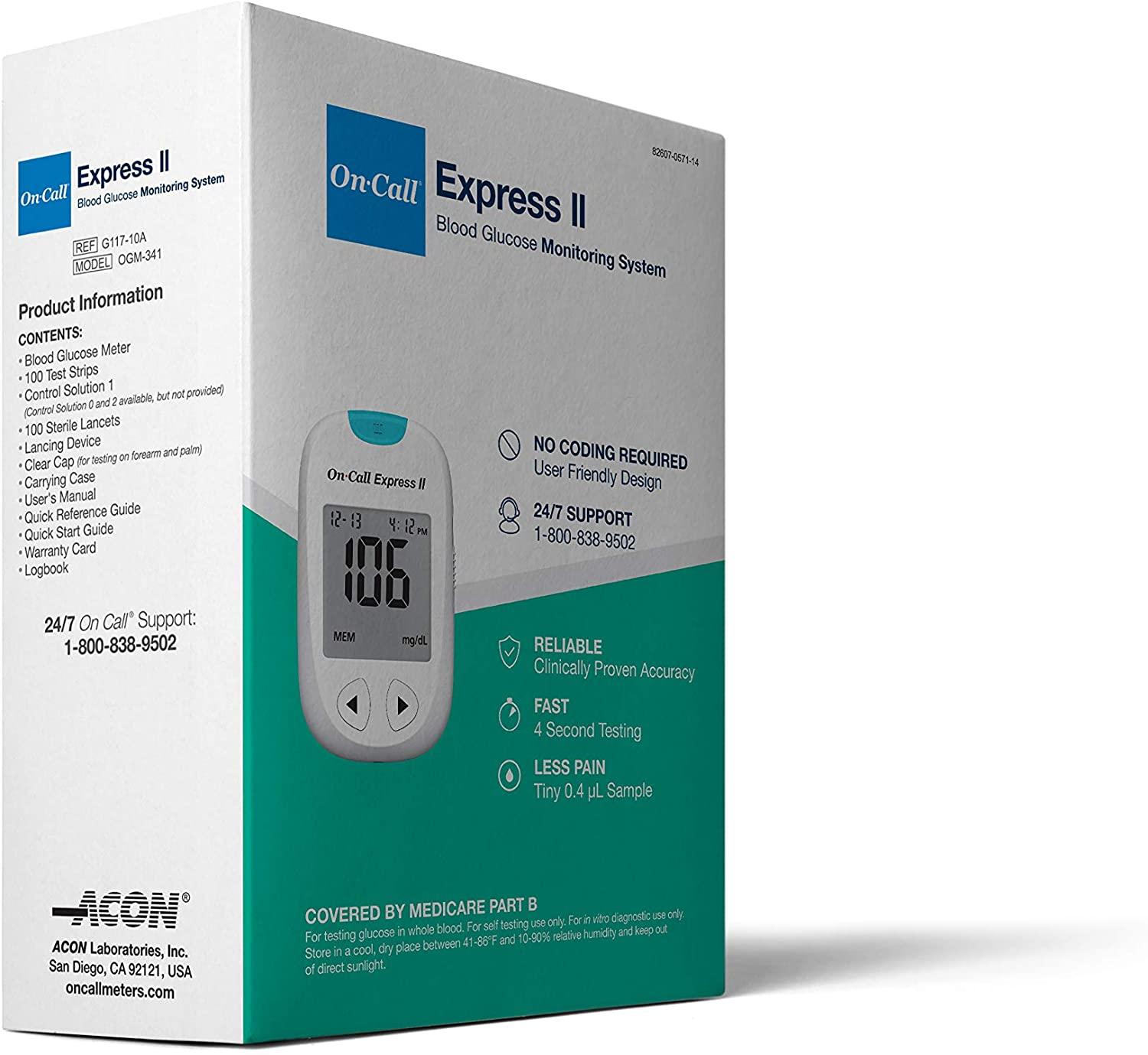 Diabetes Testing Kit: On Call Express II Blood Glucose Meter + 100 Test ...