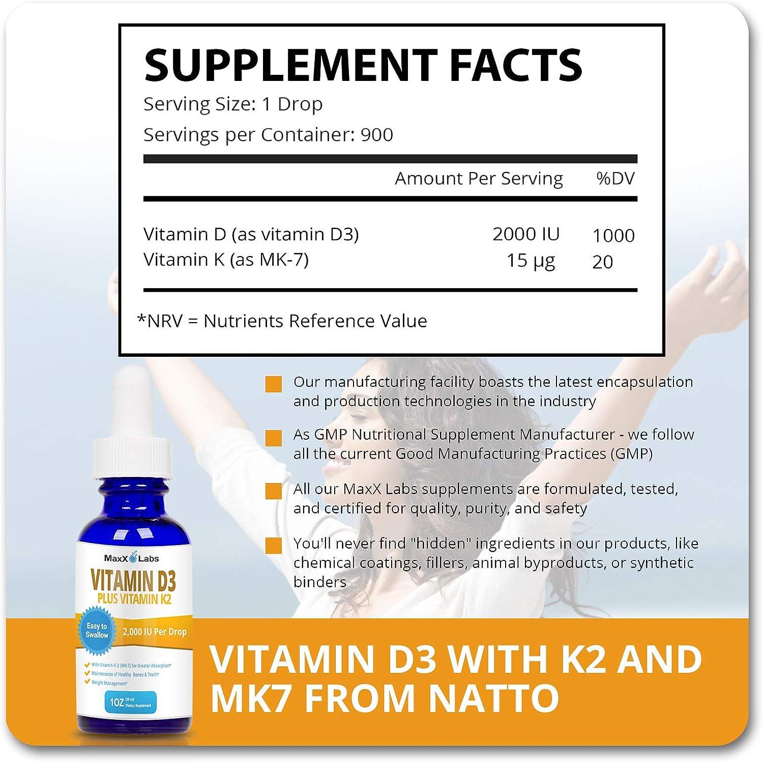 Vitamin D3 K2 Liquid Drops 2000 IU Per Drop - Natural Vegan Formula for ...