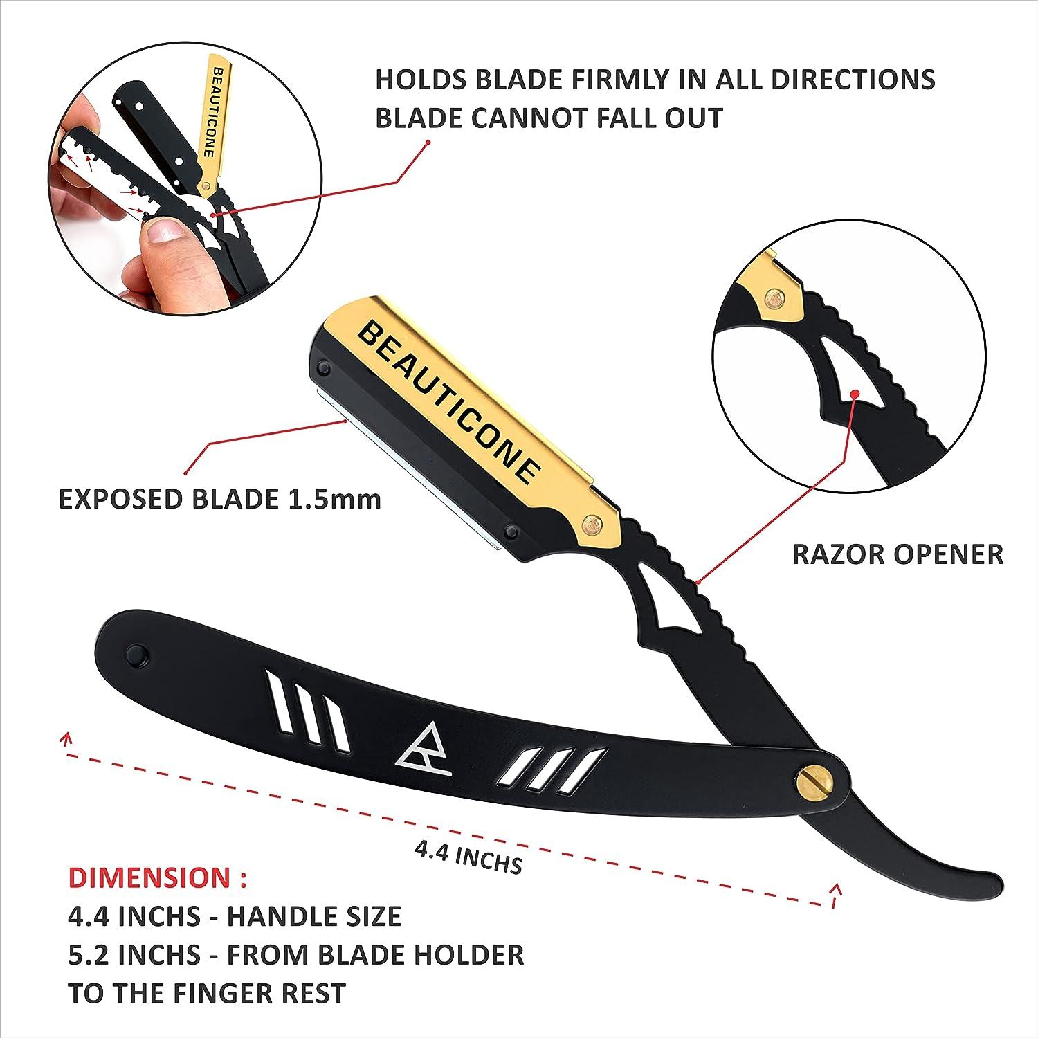 BEAUTICONE Professional Gold Plated Straight Razor for Men with 100 ...
