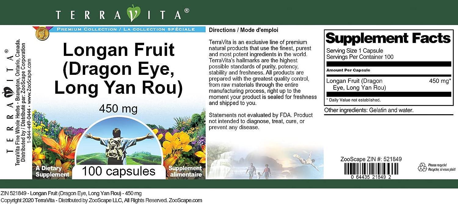 TerraVita Longan Fruit (Dragon Eye Long Yan Rou) 450mg - 100 Capsules ...