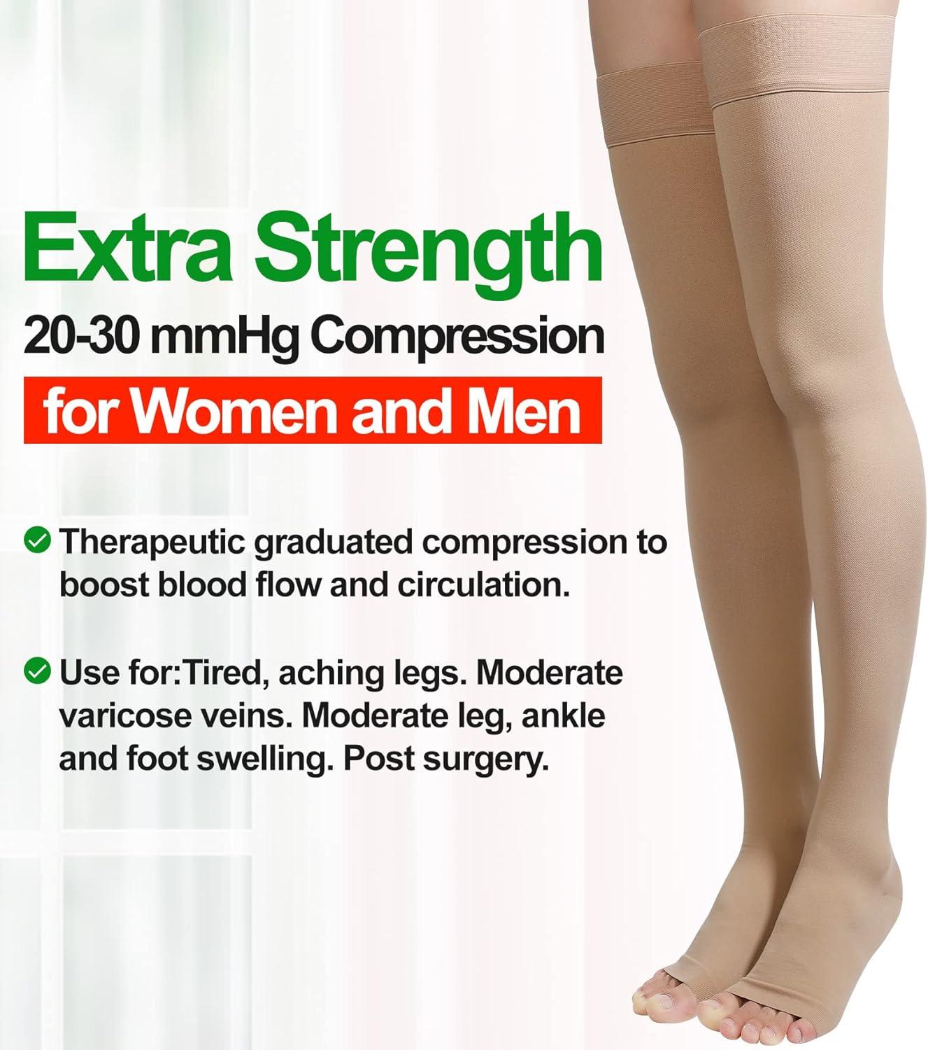 Thigh High Compression Stockings Open Toe Pair - Firm Support 20-30mmHg ...