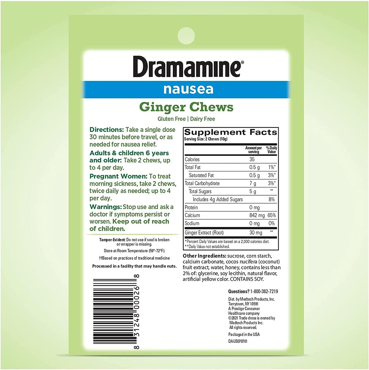 Dramamine Ginger Chews, Relieves Nausea, Lemon Honey Ginger Flavor, 20 ...
