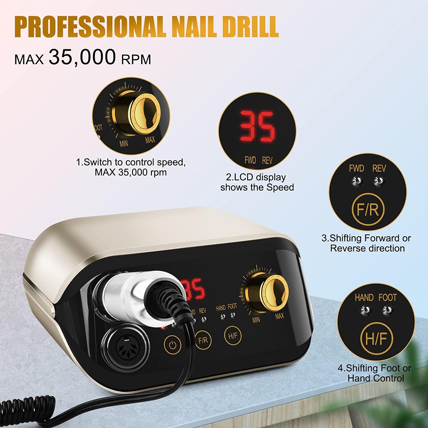 JUEMEL Professional Nail Drill Machine 35000rpm with Foot Pedal ...
