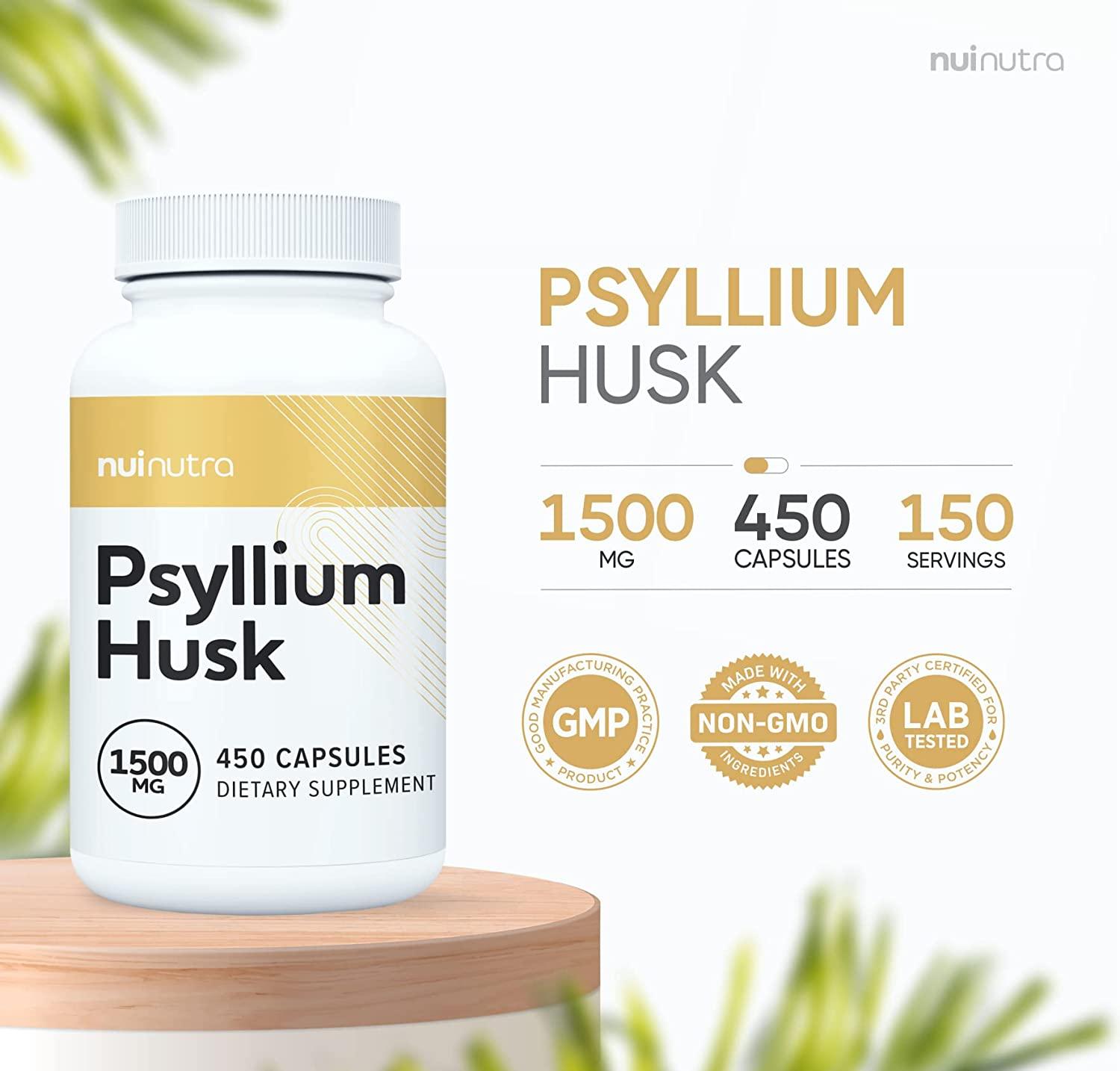 Nui Nutra Psyllium Husk Supplement 1500mg 450 Capsules - Soluble Fiber ...