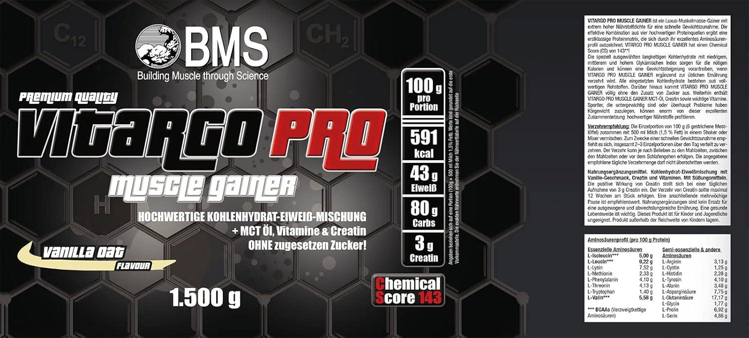 BMS Vitargo Pro Muscle Gainer Vanilla Oat 3750g - Premium Protein for ...