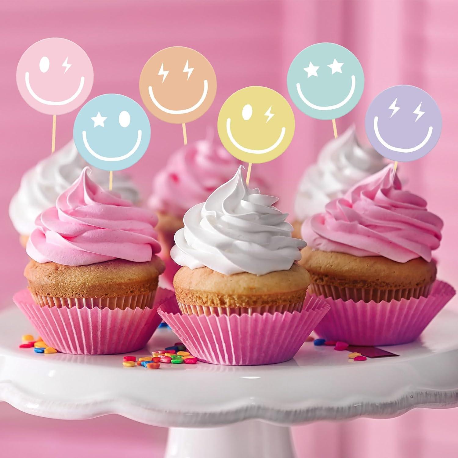 Whaline 36Pcs Preppy Smile Face Cupcake Toppers 6 Designs Paper Cake ...