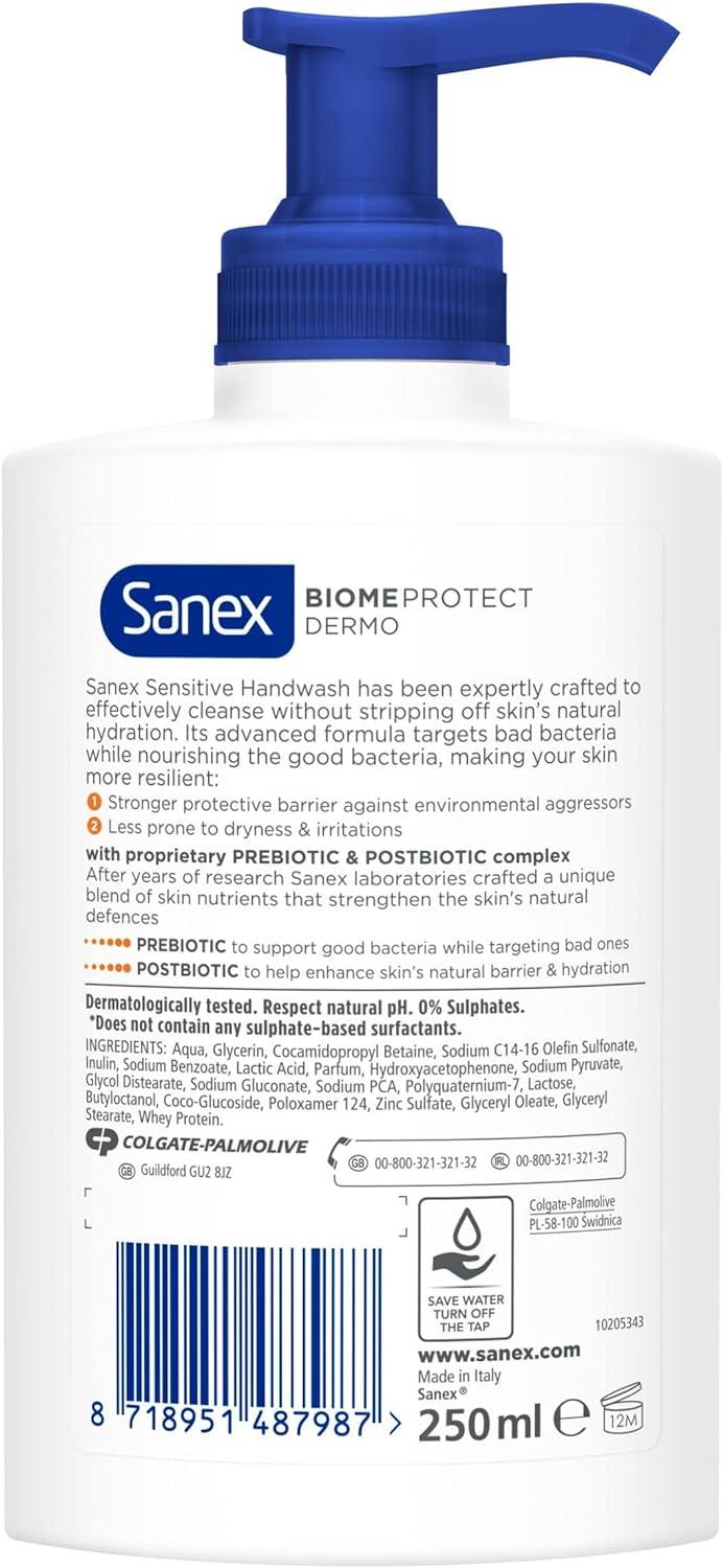 Sanex BiomeProtect Sensitive Liquid Hand Wash with pump 6x250ml Hand ...