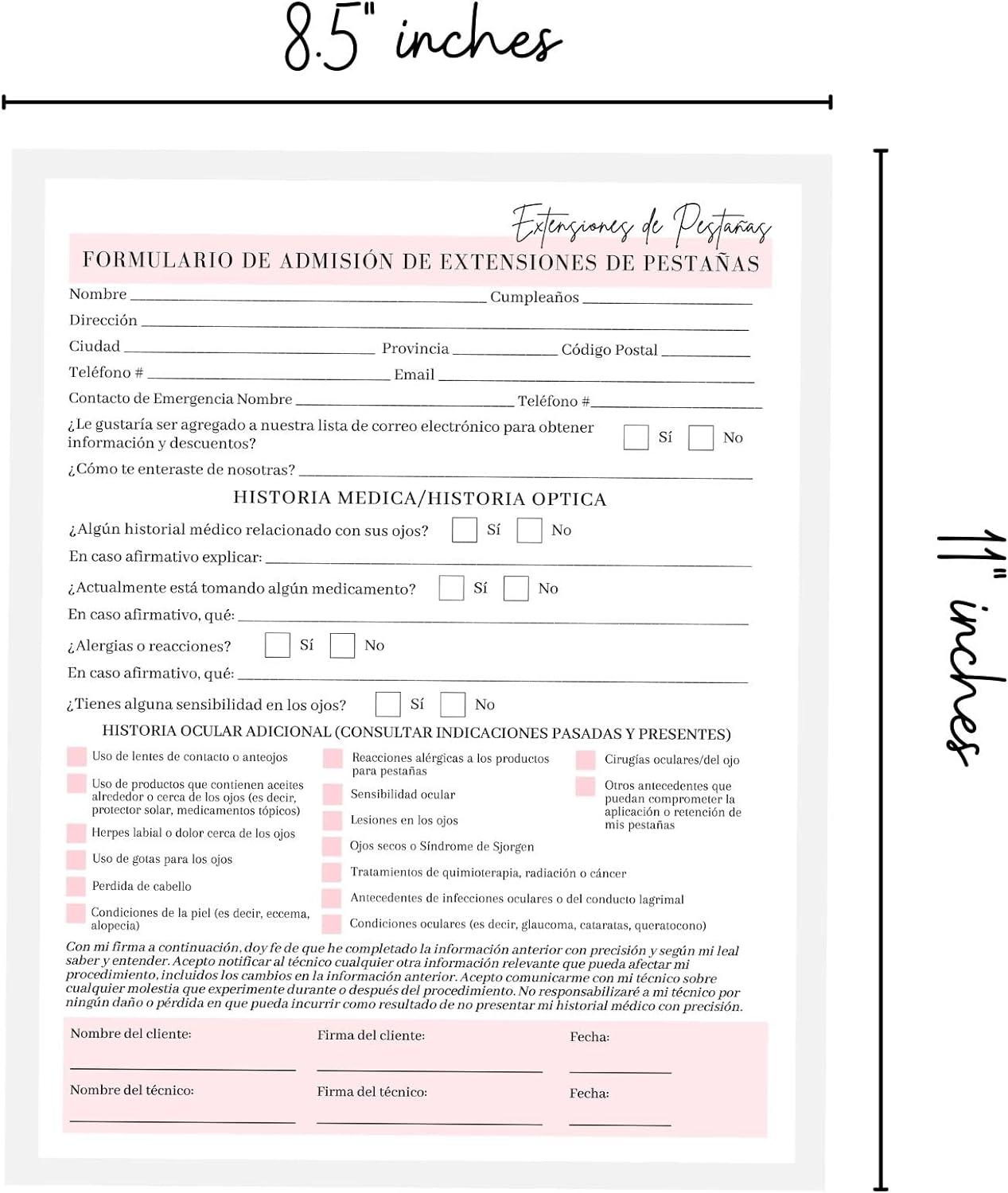 SPANISH Lash Extensions Intake & Aftercare Form | 75 Pack | 8.5x11 inch ...