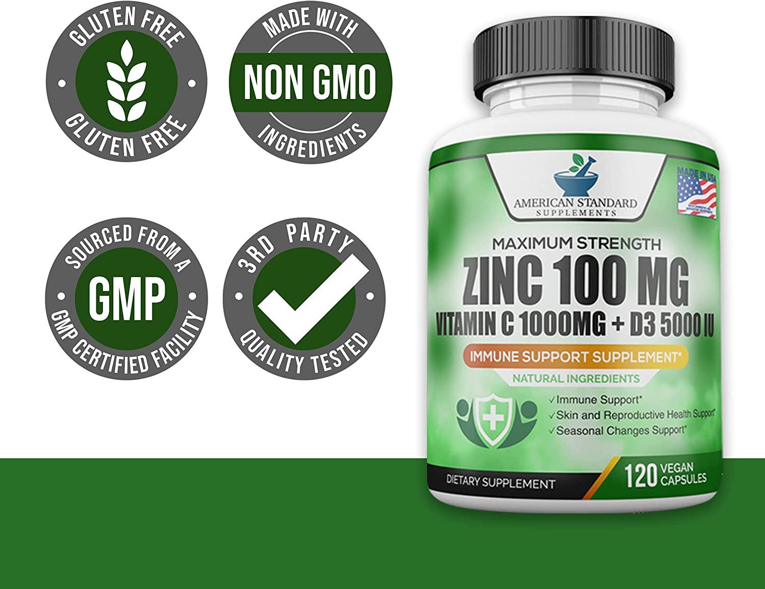 Immune Support Supplement with Zinc 100mg, Vitamin C 1000mg, Vitamin D 5000IU - 120 Vegan ...