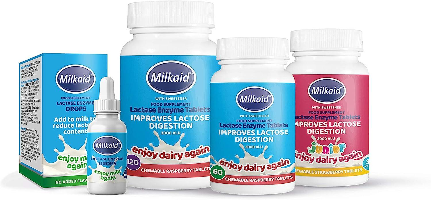 Milkaid Lactase Enzyme Drops & Tablets for Lactose Intolerance Relief ...