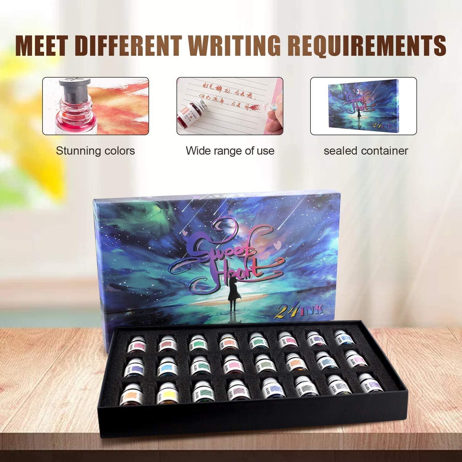24 Colors Calligraphy Ink Set with Glass Dip Pen and Gold Powder - 7ml ...