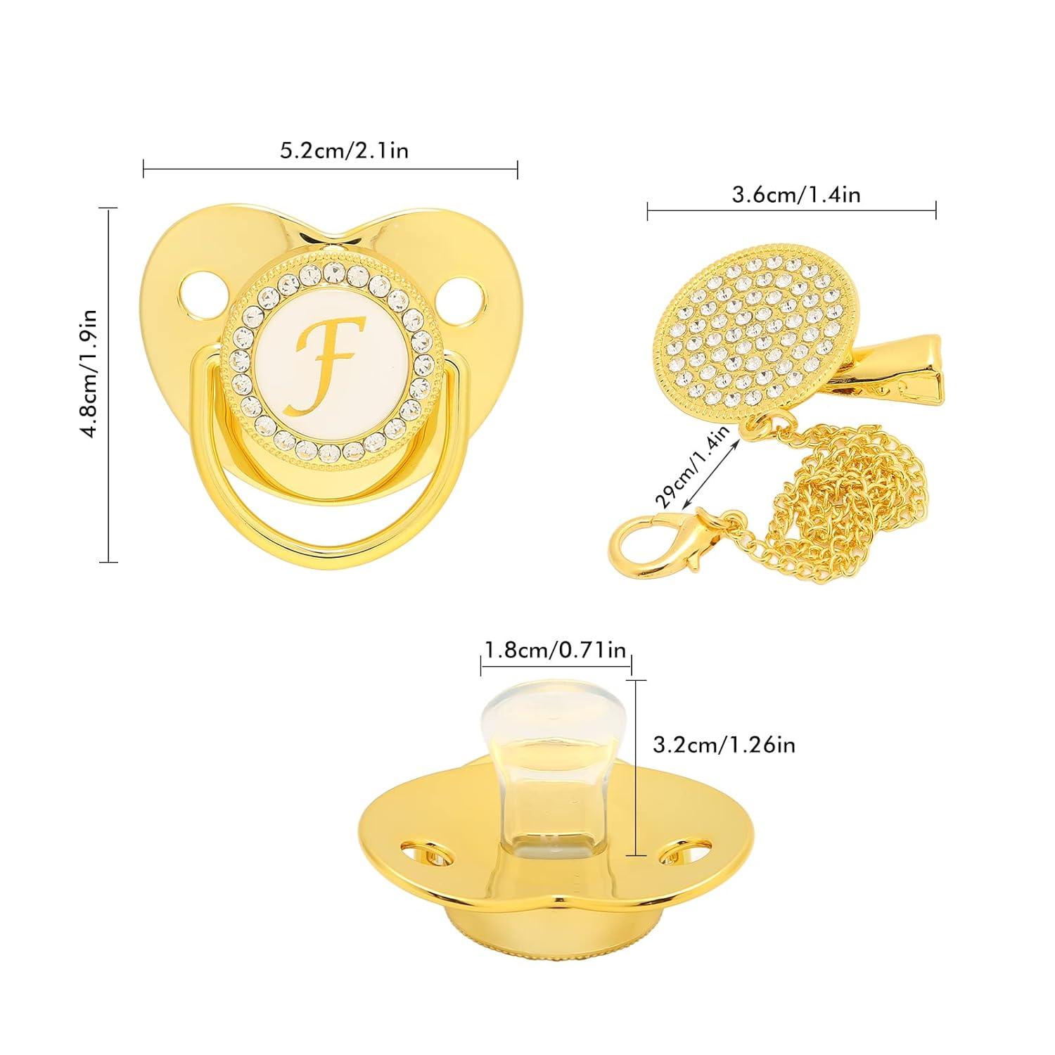 Glittering Golden Baby Pacifier with Clips - Curved Design 26 Letters ...