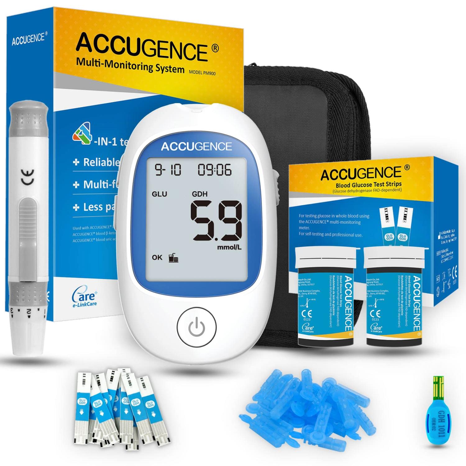 ACCUGENCE PM900 Blood Glucose Test Kit - 3in1 Glucose Meter, 50 Test ...