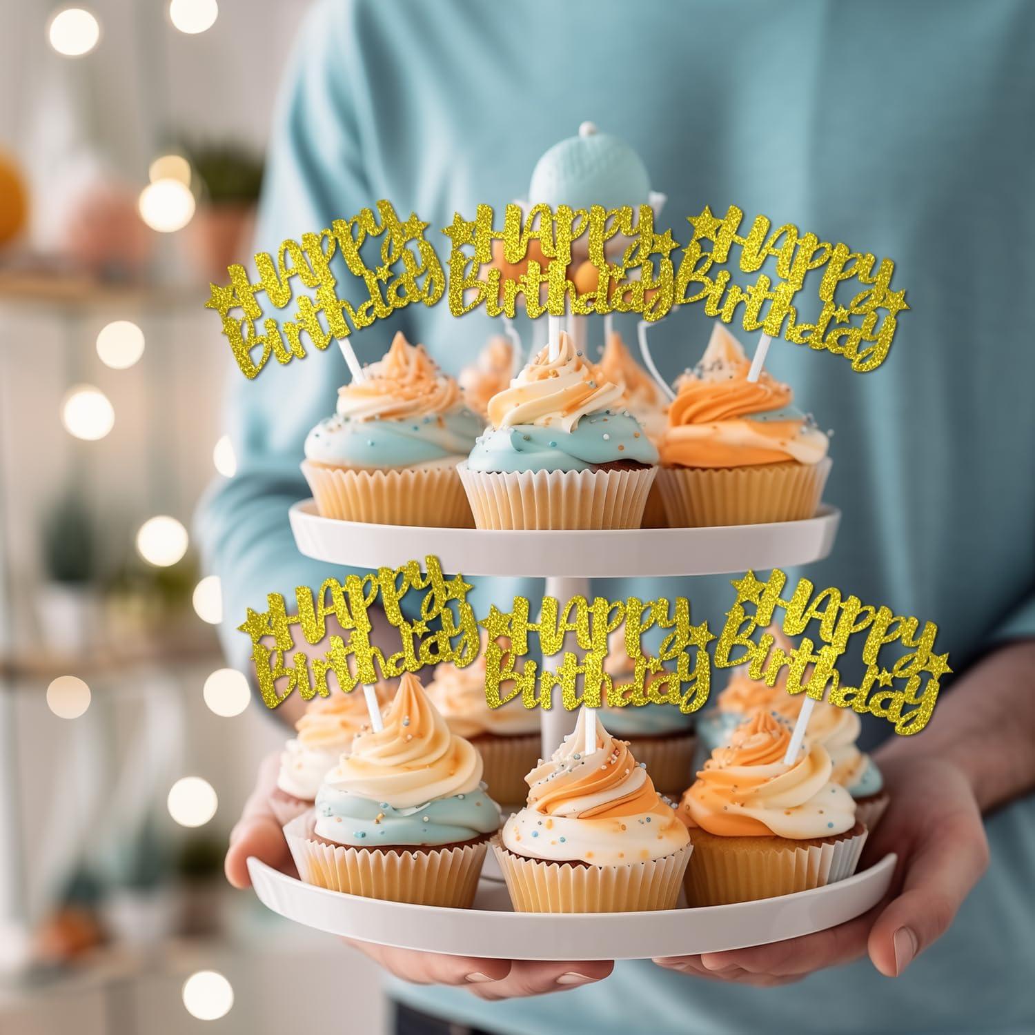 Happy Birthday Cupcake Topper Gold