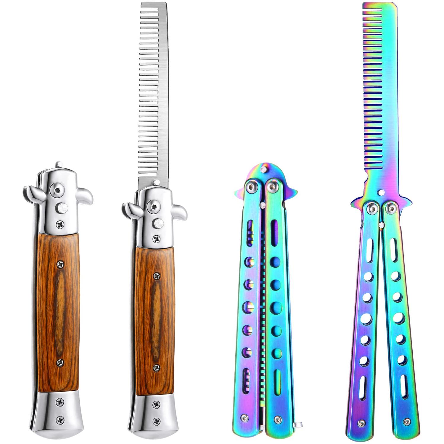 2 Pieces Wood Grain Switchblade Blade Comb Pocket Hair Brush Automatic ...