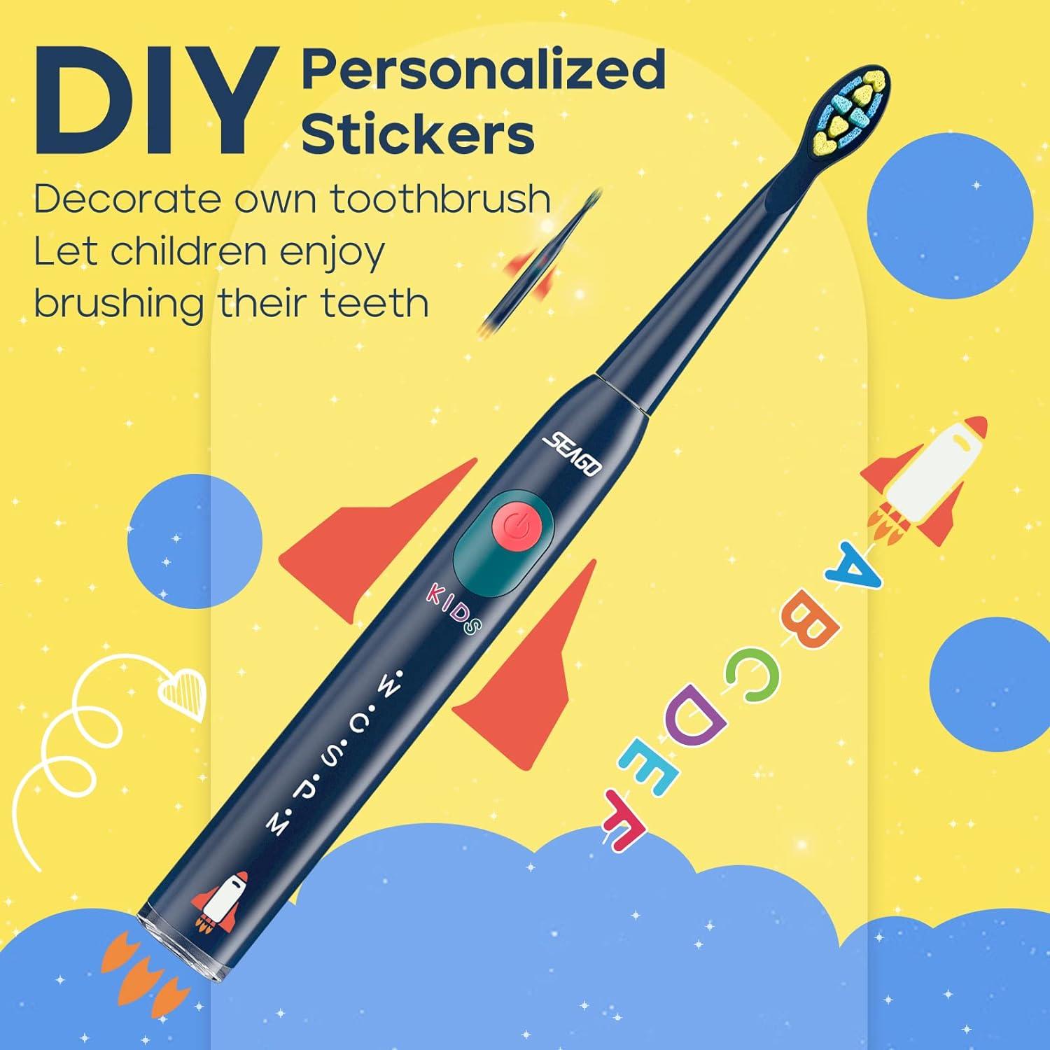 Seago Kids Electric Toothbrush with DIY Stickers | Rechargeable & Smart Timer | 4 Brush Heads ...