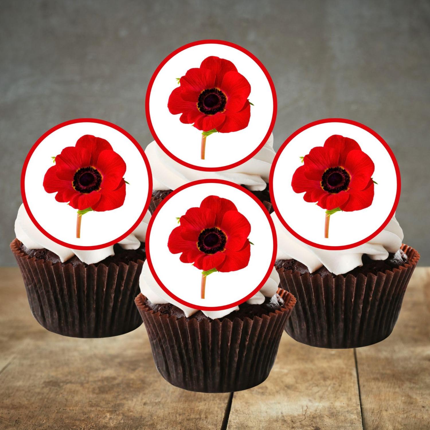 PRECUT Poppy Cupcake Toppers Flowers Edible Cake Decorations Edible ...