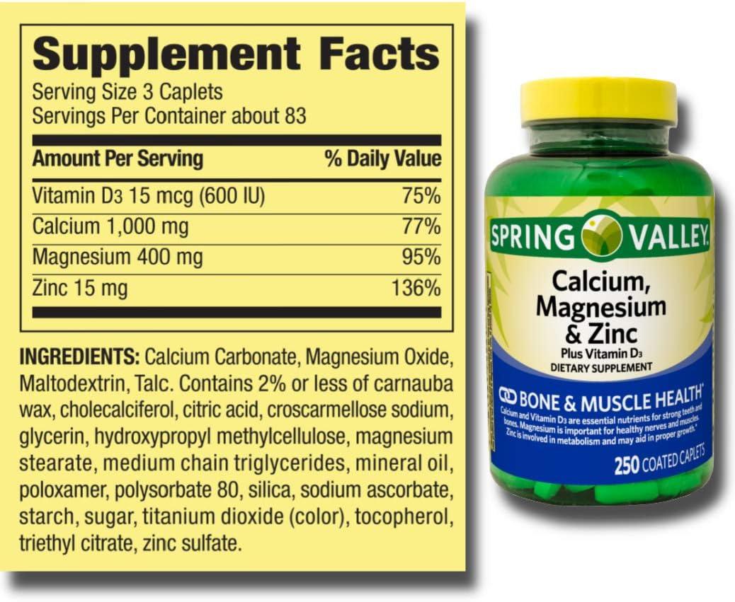 Spring Valley Calcium Magnesium Zinc + Vitamin D3 Caplets | 250ct ...
