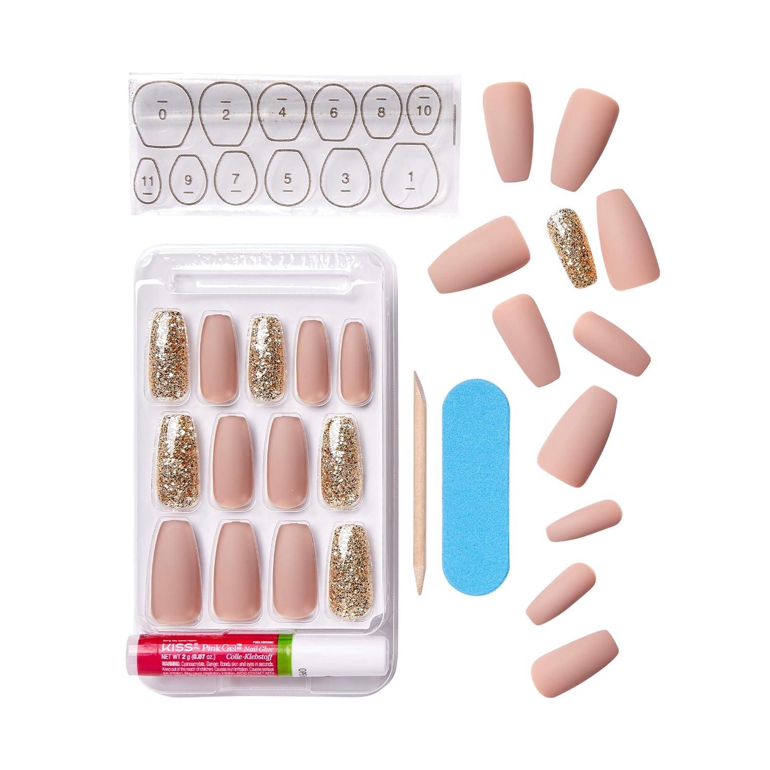 KISS Gel Fantasy Long Pink and Gold High Arch Nail Kit with 28 Fake ...