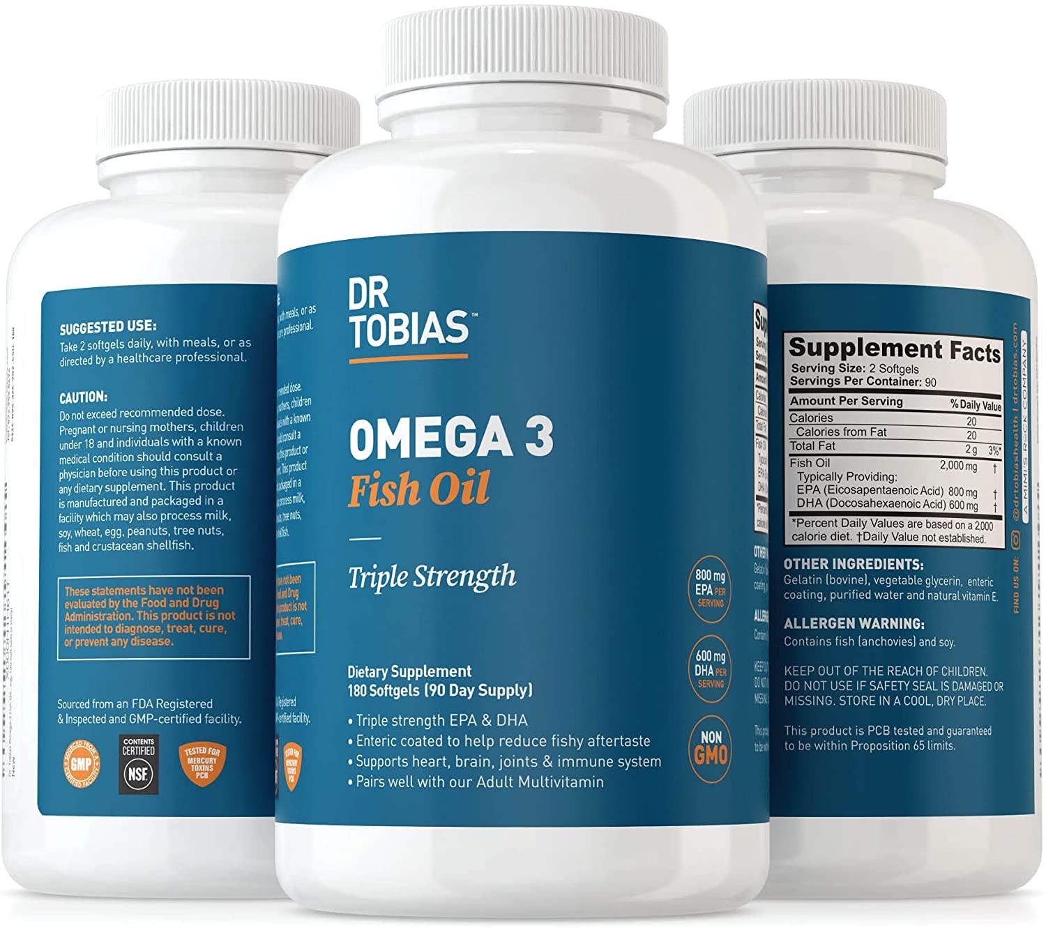 Dr Tobias Omega 3 Fish Oil Triple Strength 2000mg - Burpless, Non-GMO, NSF-Certified (180 ...