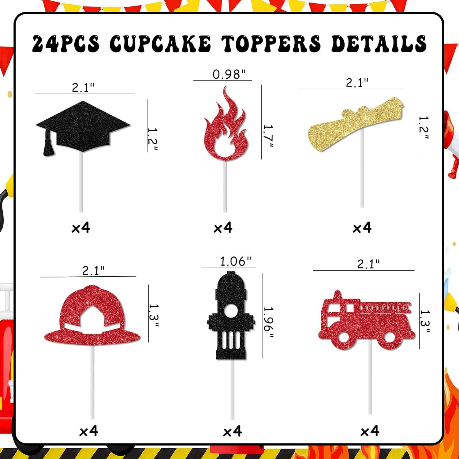 kreat4joy 24pcs Firefighter Graduation Cupcake Toppers Glittering ...