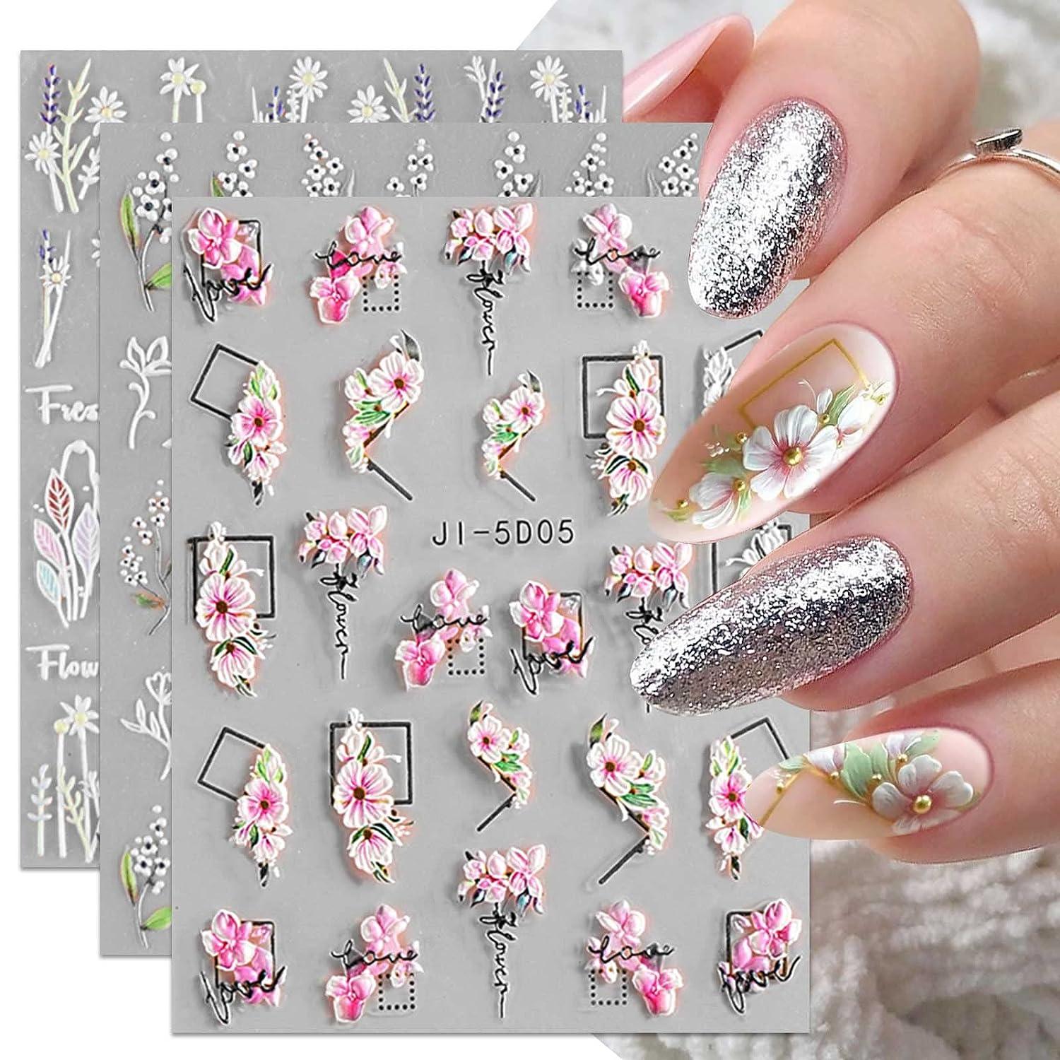 3D Embossed Flower Leaves Nail Art Stickers Decals - 4 Sheets | Self ...