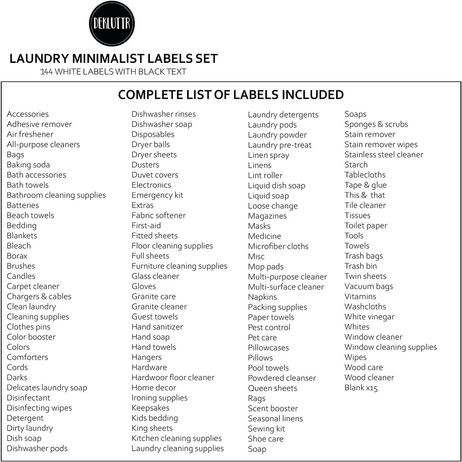 Dekluttr 144 Minimalist Laundry Labels for Linen & Laundry Room ...