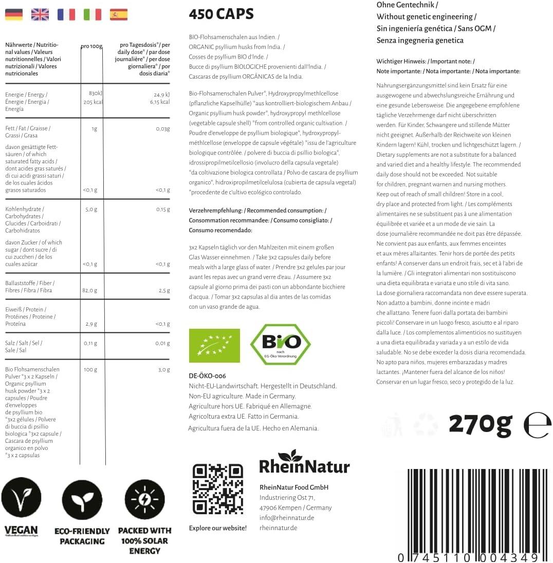 Rheinnatur Psyllium Capsules 450 pcs - High Dose Fiber for Digestion ...