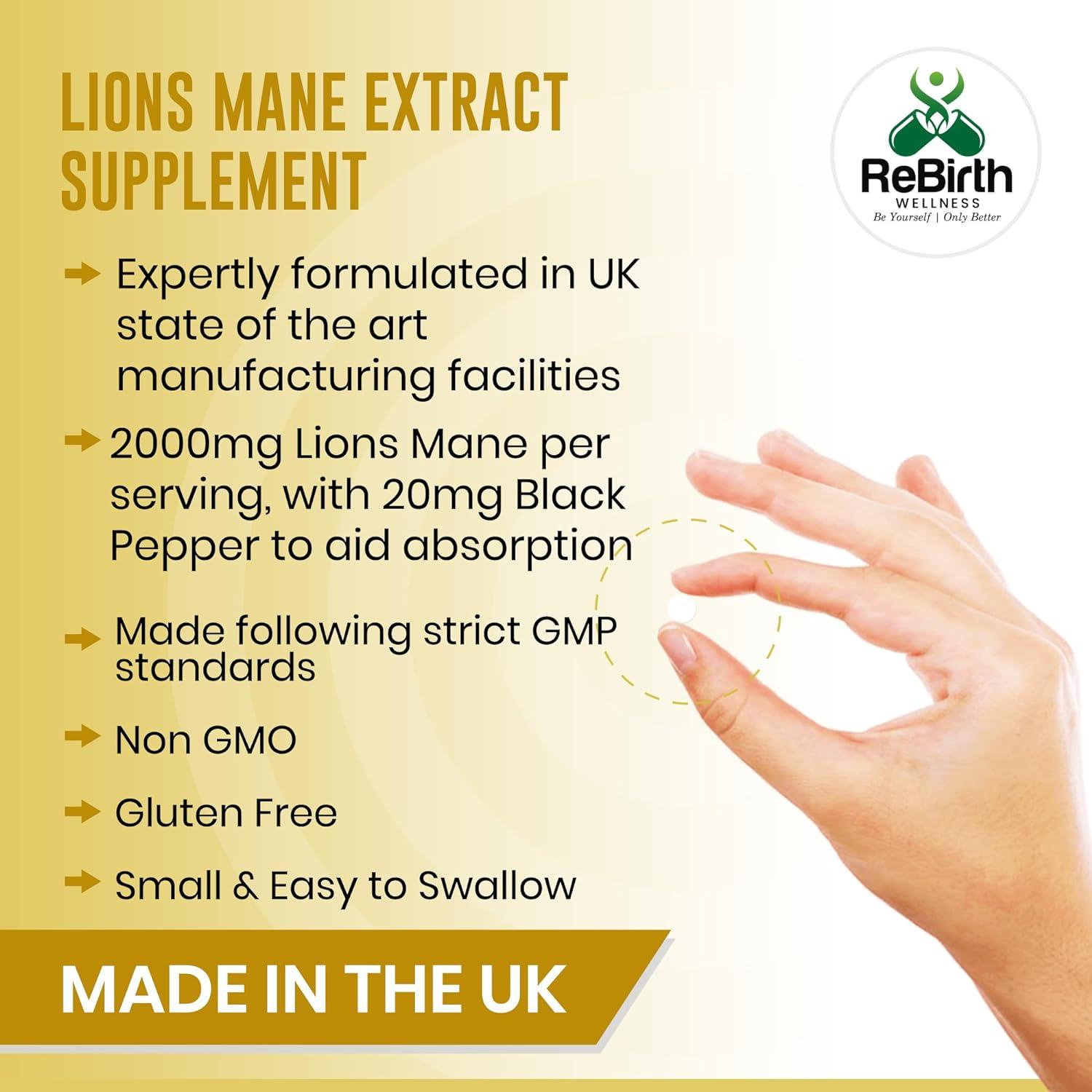 Lions Mane Supplement 2000mg with Black Pepper - 180 Vegan Tablets ...