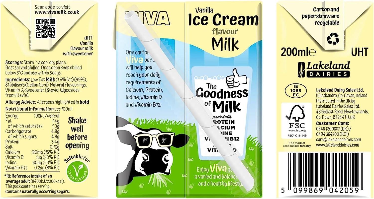 Viva Flavoured Milk 200ml x 16 - No Added Sugar - 4 x Strawberry 4 x ...
