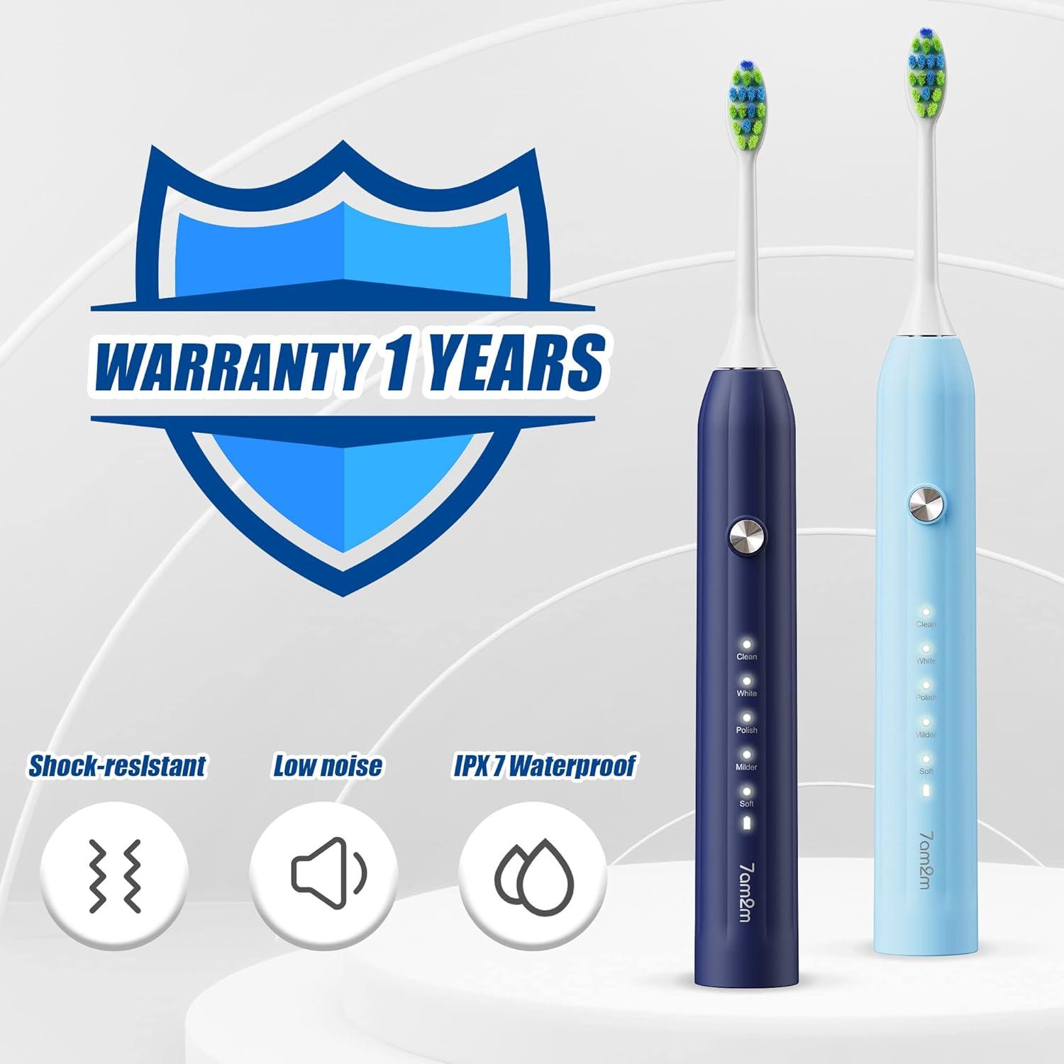 7AM2M Rechargeable Sonic Electric Toothbrush 2 Pack - Soft Toothbrushes for Adults and Kids - 12 ...