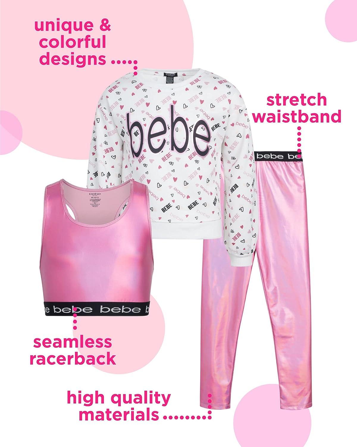 bebe Girls' 3-Piece Workout Set - Pink Metallic Performance Fleece ...